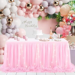 6ft pink tulle table skirt for rectangle tables or round tables with led lights baby shower tablecloth tutu table skirts for princess girl birthday party cake dessert table decorations