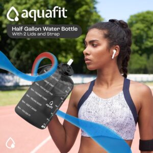 AQUAFIT Half Gallon Water Bottle with Time Marker - Straw & Chug Lid - Big Water Bottle with Straw - BPA Free Gym Water Bottle with Handle - Gallon Water Jug (64 oz - 2 Lids, Gray)