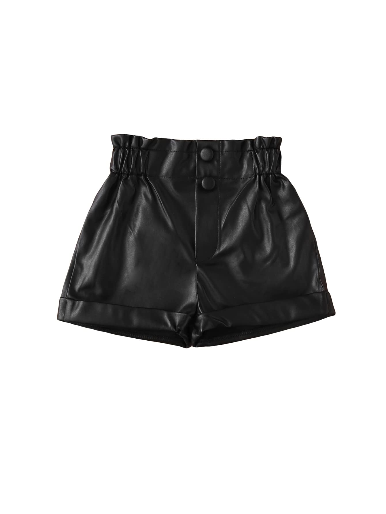 WDIRARA Toddler Girl's Paper Bag Waist Button Front Wide Leg PU Leather Shorts Black 110