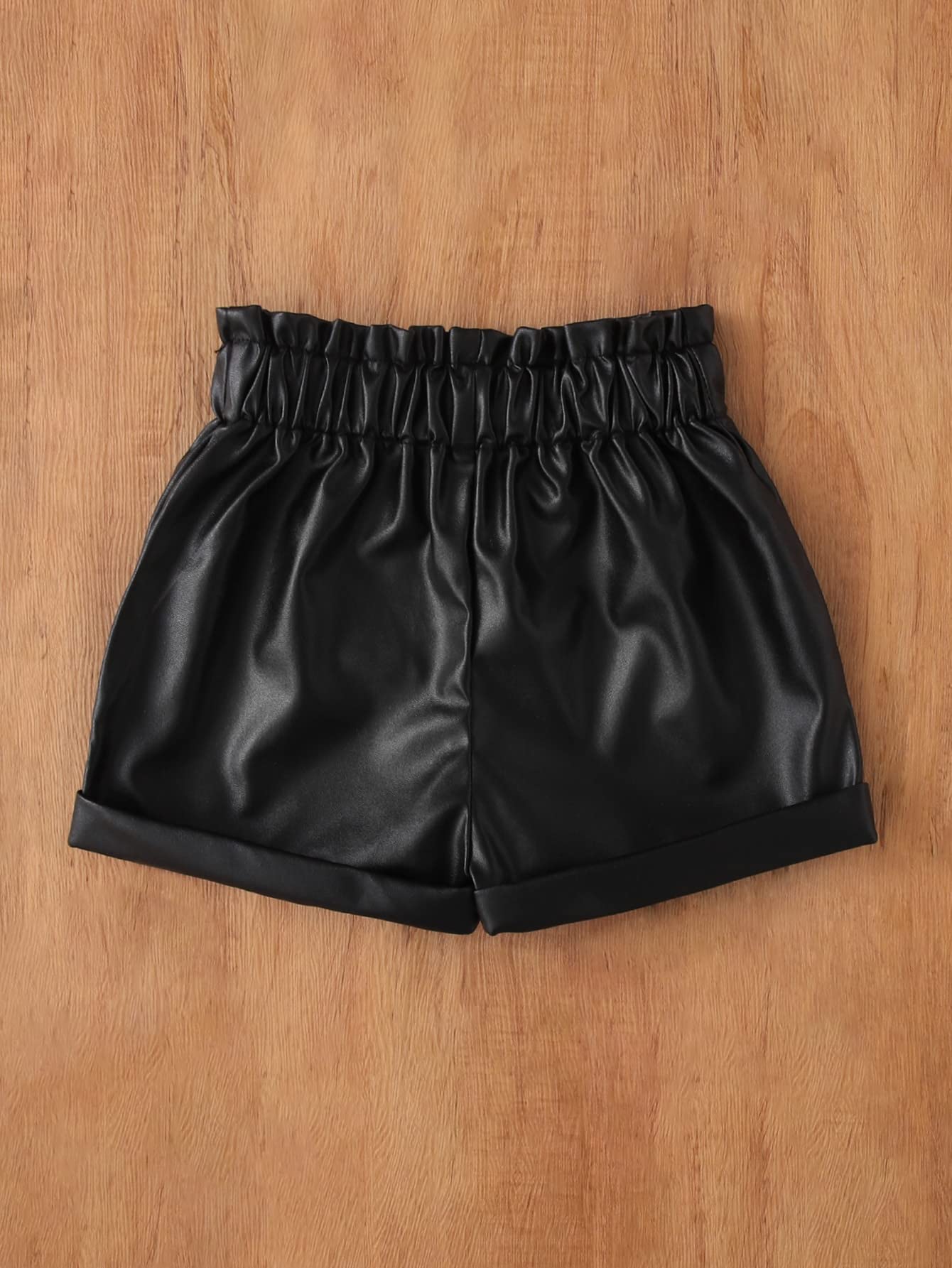 WDIRARA Toddler Girl's Paper Bag Waist Button Front Wide Leg PU Leather Shorts Black 110