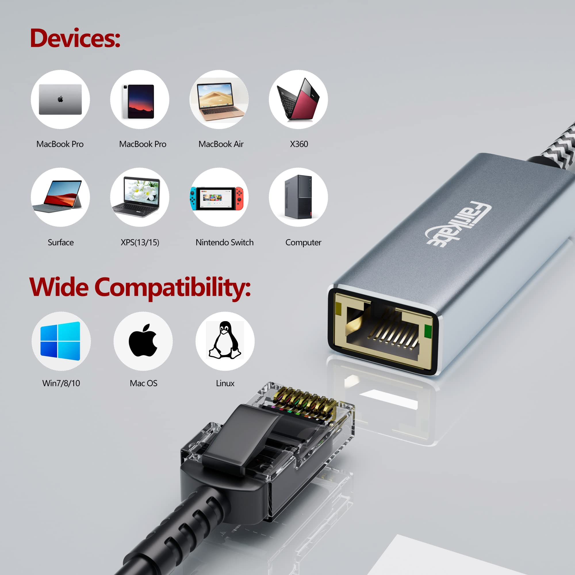 fairikabe USB 3.0 to Ethernet Adapter, USB 3.0 to RJ45 Gigabit NIC Network Adapter, USB Computer LAN Card Adapter for Laptop, Nintendo Switch, PC, MacOS, Linux, Windows