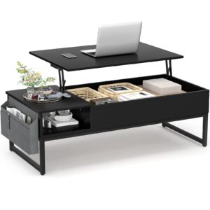 aheaplus lift top coffee table with storage, wood lifting top central table metal frame, 43.3" lift tea table with side pouch, cocktail table modern adjustable table for living room, black