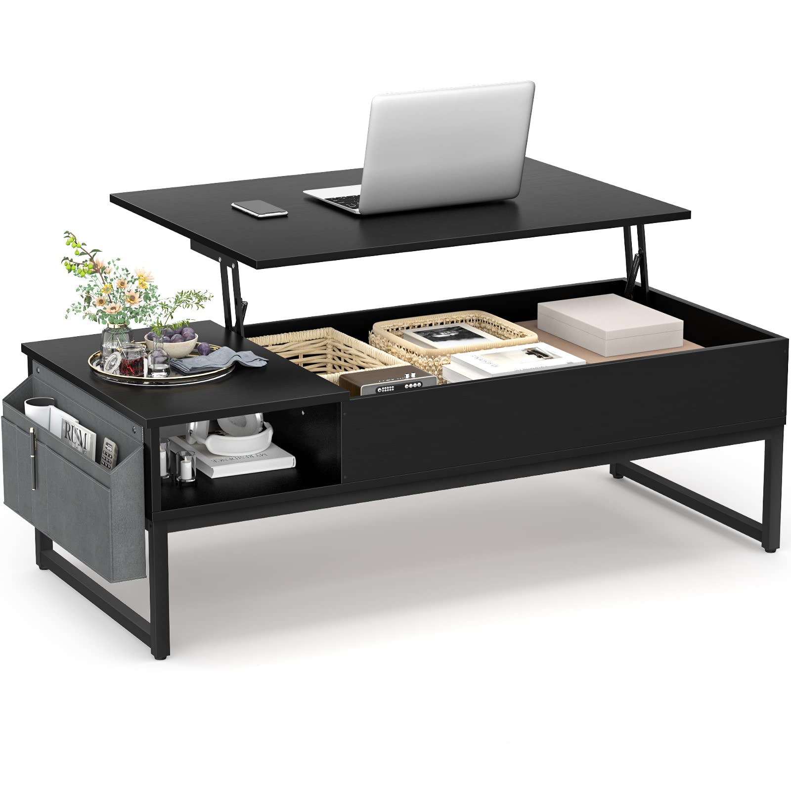 Aheaplus Lift Top Coffee Table with Storage, Wood Lifting Top Central Table Metal Frame, 43.3" Lift Tea Table with Side Pouch, Cocktail Table Modern Adjustable Table for Living Room, Black