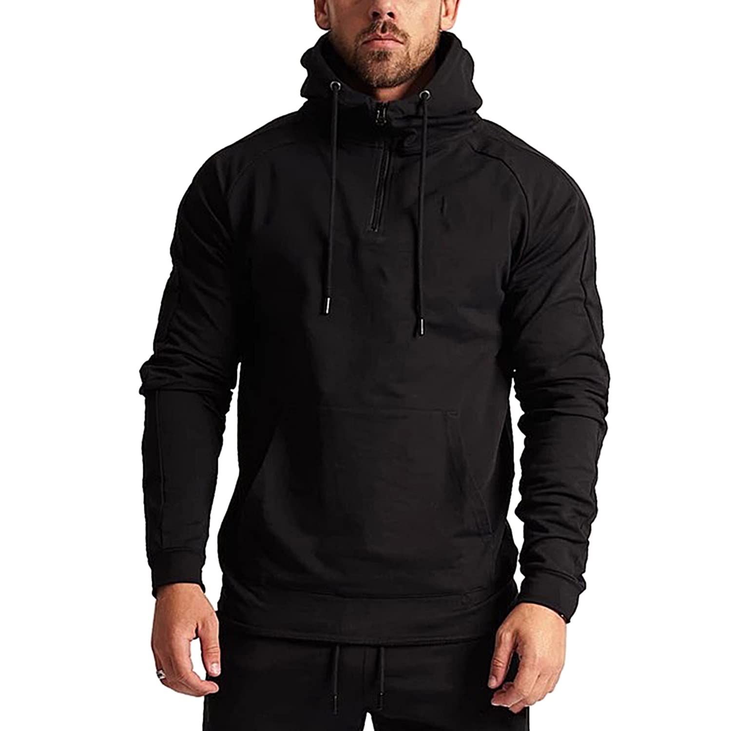 GYMELITE Men's 1/4 Zip Fashion Pullover Hoodie Athletic Workout Fit Cotton Blend Hooed Sweatshirts Casual Long Sleeve with Pockets(SOBK M Solid Black