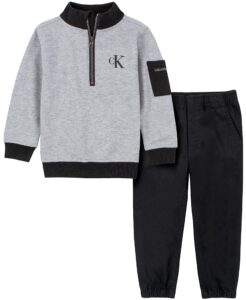 calvin klein boys 2-piece quarter-zip & pant set, everyday wear, ultra-soft & comfortable fit, grey/black