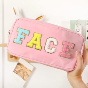 DYSHAYEN Nylon Cosmetic Bag Preppy Face Care Makeup Bag for Women Travel Toiletry Organizer with Chenille Letter Patches (Pink-FACE)