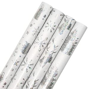 ldgooael christmas wrapping paper roll with cut lines on reverse - metallic silver foil for holiday, chistmas, birthday, wedding, baby shower - 4 roll - 30inch x 10feet per roll