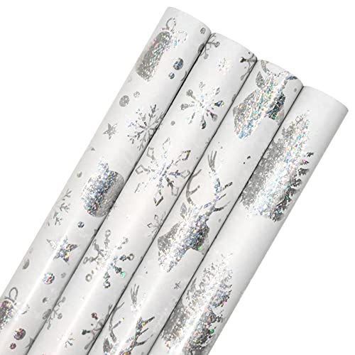 LDGOOAEL Christmas Wrapping Paper Roll with Cut Lines on Reverse - Metallic Silver foil for Holiday, Chistmas, Birthday, Wedding, Baby Shower - 4 Roll - 30Inch X 10Feet Per Roll