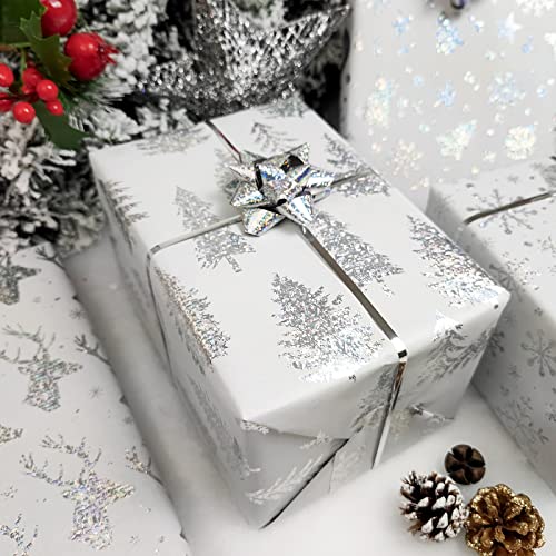 LDGOOAEL Christmas Wrapping Paper Roll with Cut Lines on Reverse - Metallic Silver foil for Holiday, Chistmas, Birthday, Wedding, Baby Shower - 4 Roll - 30Inch X 10Feet Per Roll