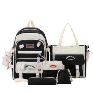 aobiono 5pcs kawaii backpack set aesthetic preppy cute school supplies kit with pins bear pendant light academia pastel soft cottagecore japanese (black)