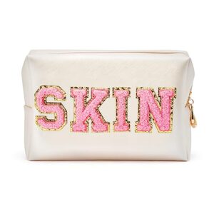 y1tvei preppy patch skin varsity letter cosmetic toiletry bag pu leather portable makeup bag zipper pouch storage purse waterproof organizer gift for women teen girls daily travel use (shell gold)