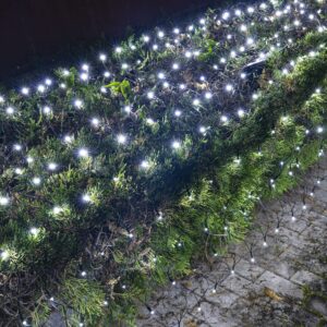 dazzle bright christmas net lights, 360 led 12ft x 5 ft green wire waterproof connectable string lights with 8 modes, christmas outdoor lights for bush garden party wedding holiday decoration (white)