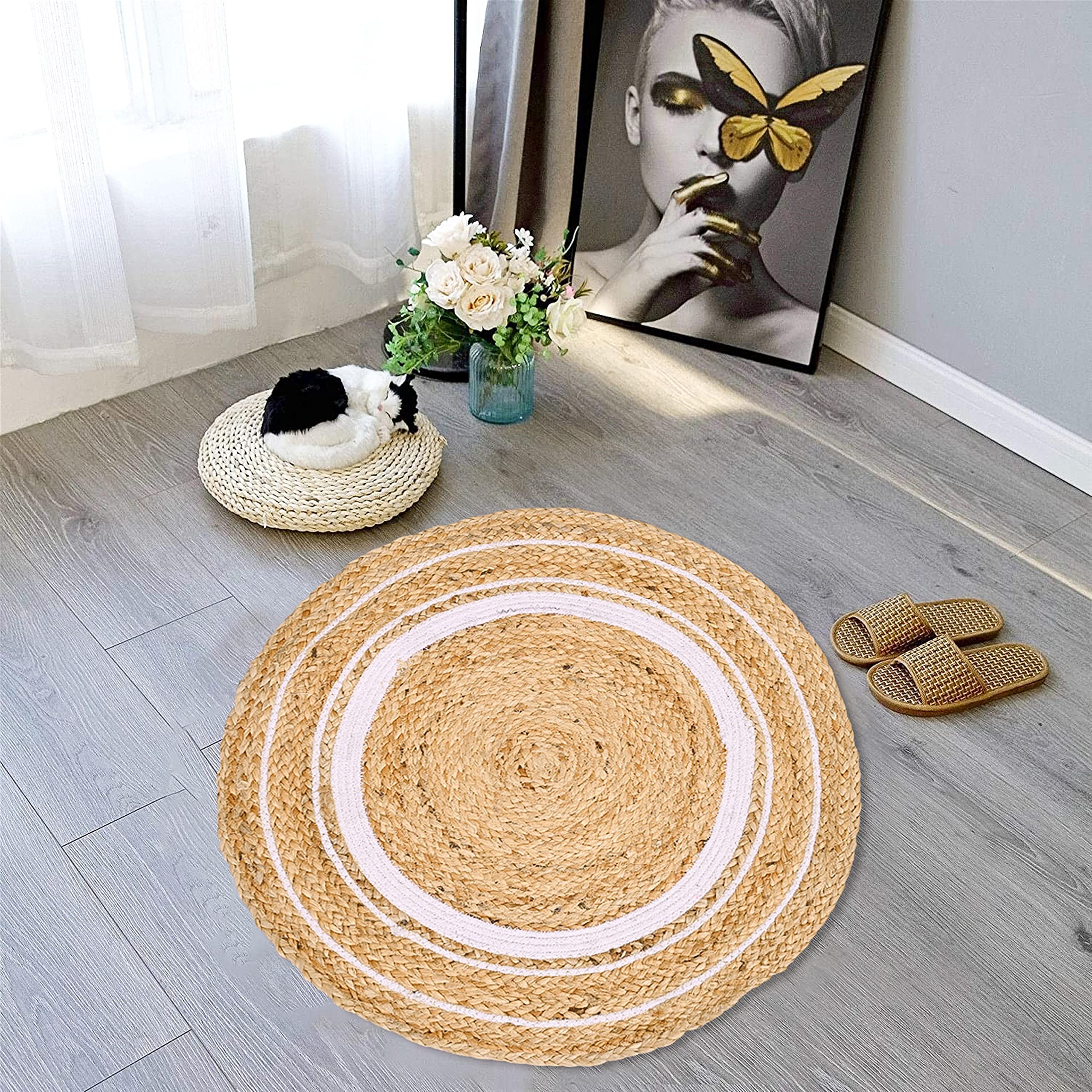 Round Shape Braided Rug Floor Rug mat Cotton Home Decor Rug Circular Meditation mat Yoga mat Jute Rug Solid Area Rugs (2 feet, White)