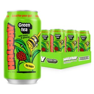 halfday prebiotic green tea with honey and ginseng 12-pack - nostalgic flavor, low sugar, incredible taste - paleo, gluten free, drinks for gut health - lightly sweetened, healthy canned iced tea - 12