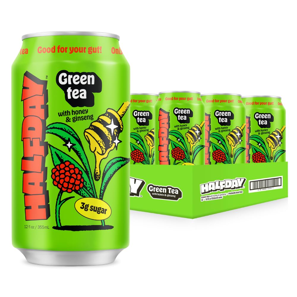 Halfday Prebiotic Green Tea with Honey and Ginseng 12-Pack - Nostalgic Flavor, Low Sugar, Incredible Taste - Paleo, Gluten Free, Drinks for Gut Health - Lightly Sweetened, Healthy Canned Iced Tea - 12