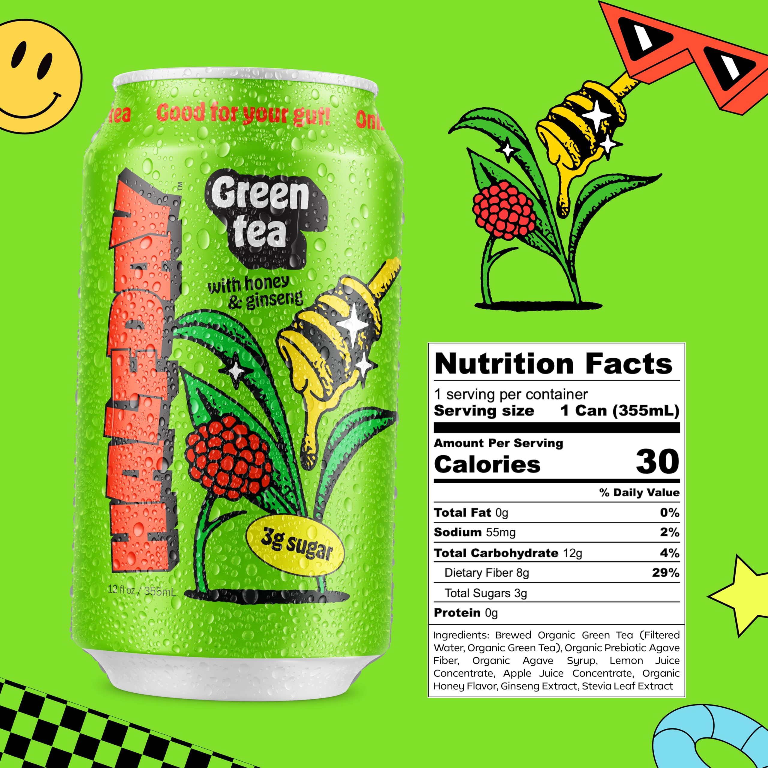 Halfday Prebiotic Green Tea with Honey and Ginseng 12-Pack - Nostalgic Flavor, Low Sugar, Incredible Taste - Paleo, Gluten Free, Drinks for Gut Health - Lightly Sweetened, Healthy Canned Iced Tea - 12