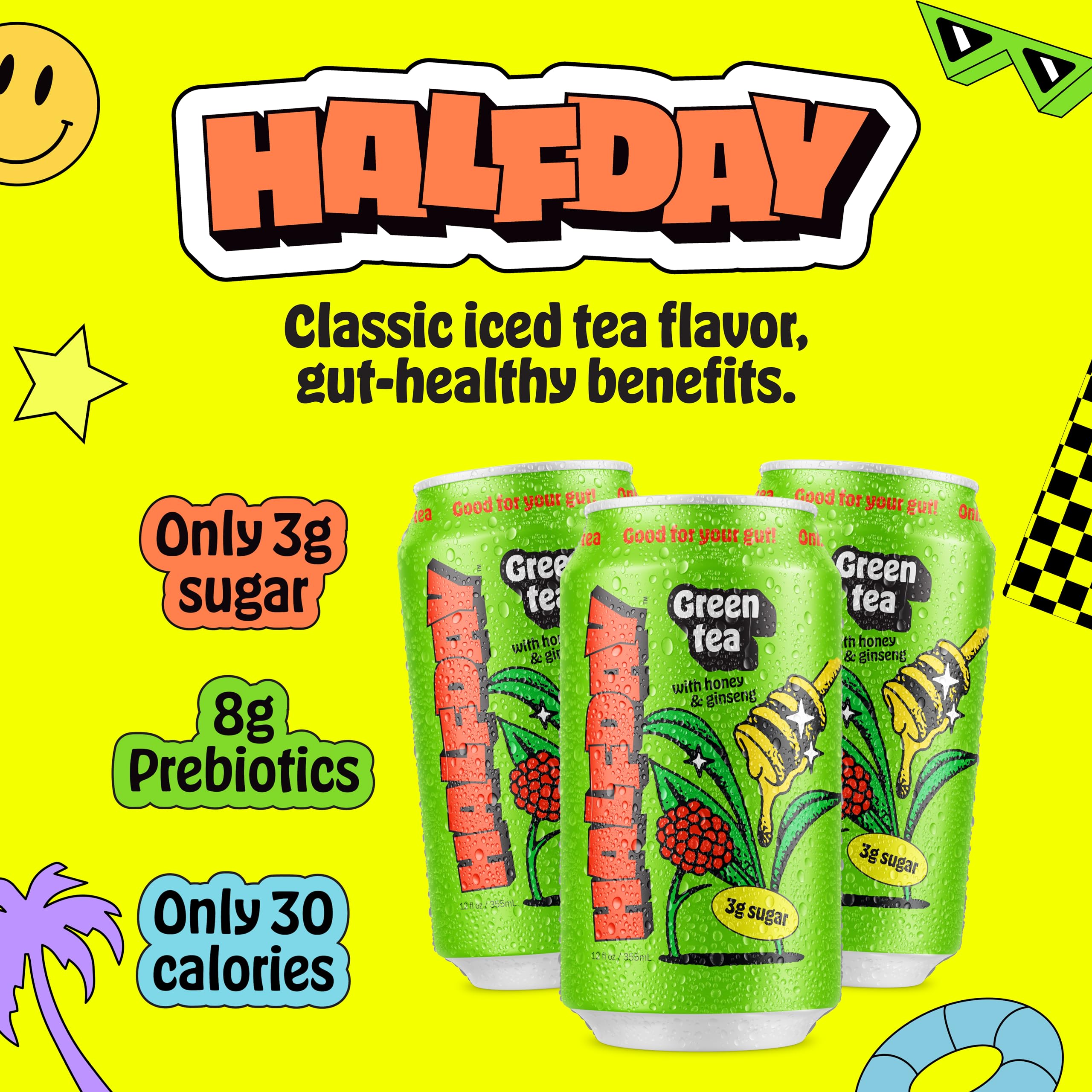 Halfday Prebiotic Green Tea with Honey and Ginseng 12-Pack - Nostalgic Flavor, Low Sugar, Incredible Taste - Paleo, Gluten Free, Drinks for Gut Health - Lightly Sweetened, Healthy Canned Iced Tea - 12