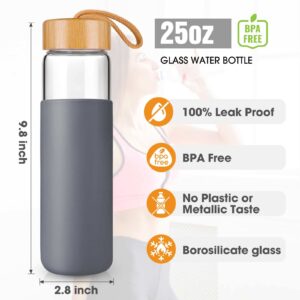 Yomious 25 Oz Glass Water Bottle with Bamboo Lid - Borosilicate Glass Water Bottles with Sleeve, Wide Mouth and Dishwasher Safe Water Bottle Glass - Bonus 1x Brush