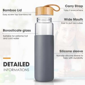 Yomious 25 Oz Glass Water Bottle with Bamboo Lid - Borosilicate Glass Water Bottles with Sleeve, Wide Mouth and Dishwasher Safe Water Bottle Glass - Bonus 1x Brush