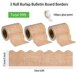 99 Feet Burlap Bulletin Board Border 3 Rolls Burlap Scalloped Borders Trim Fall Classroom Bulletin Board Rolled Trim Farmhouse Decoration for Thanksgiving Back to School Classroom School Party Decor