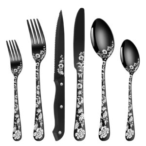 48-piece black silverware set with steak knife, black flatware sets for 8, stainless steel cutlery set includes forks knives spoons,unique pattern design，mirror polished and dishwasher safe