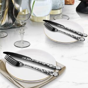 48-Piece Black Silverware Set with Steak Knife, Black Flatware Sets for 8, Stainless Steel Cutlery Set Includes Forks Knives Spoons,Unique Pattern Design，Mirror Polished and Dishwasher Safe