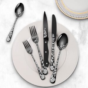 48-Piece Black Silverware Set with Steak Knife, Black Flatware Sets for 8, Stainless Steel Cutlery Set Includes Forks Knives Spoons,Unique Pattern Design，Mirror Polished and Dishwasher Safe