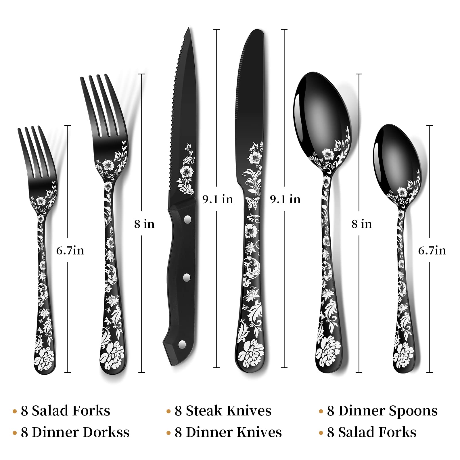 48-Piece Black Silverware Set with Steak Knife, Black Flatware Sets for 8, Stainless Steel Cutlery Set Includes Forks Knives Spoons,Unique Pattern Design，Mirror Polished and Dishwasher Safe