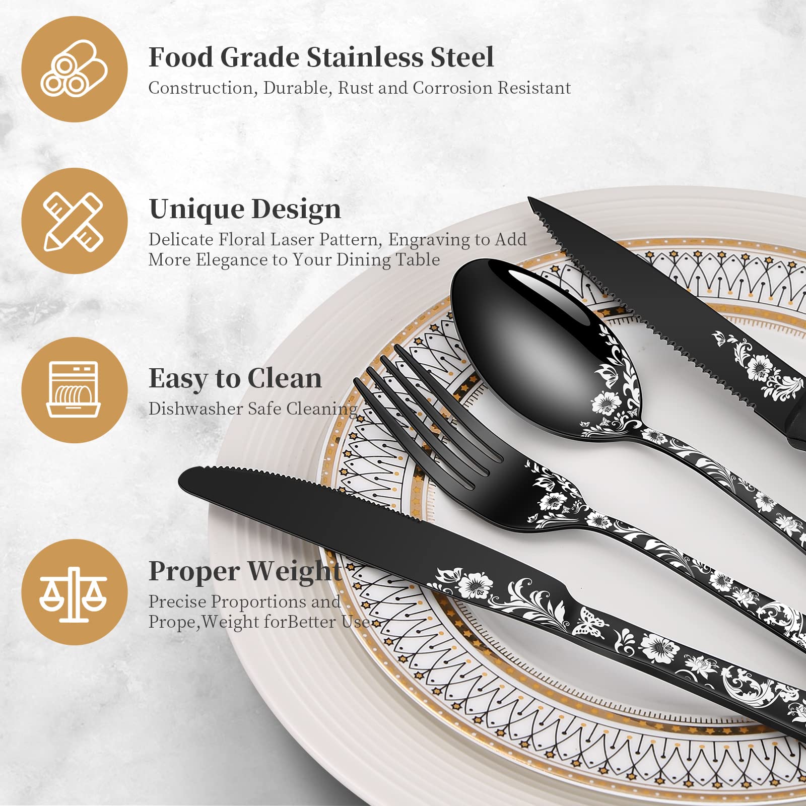 48-Piece Black Silverware Set with Steak Knife, Black Flatware Sets for 8, Stainless Steel Cutlery Set Includes Forks Knives Spoons,Unique Pattern Design，Mirror Polished and Dishwasher Safe