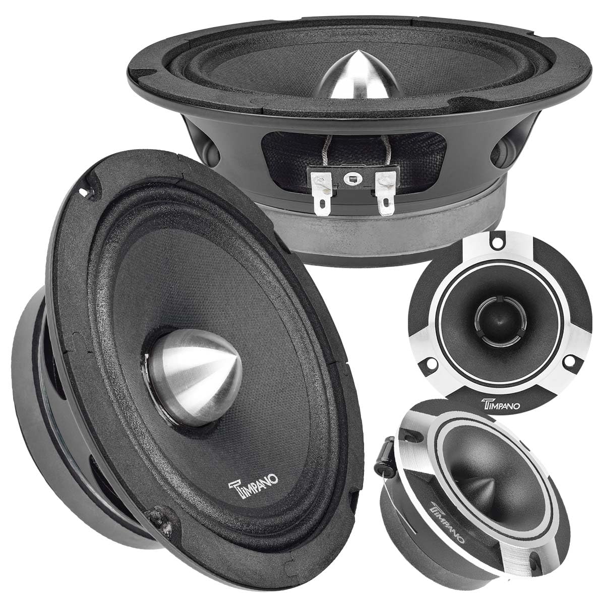 Timpano 1500 Watts Bundle 2X 6.5 TPT-MR6-4 Bullet Midrange Speaker 500 Watts 4 Ohm + 2X Super Tweeters TPT-ST2 Chrome for Car Audio Systems (2 Speakers, 2 tweeters)