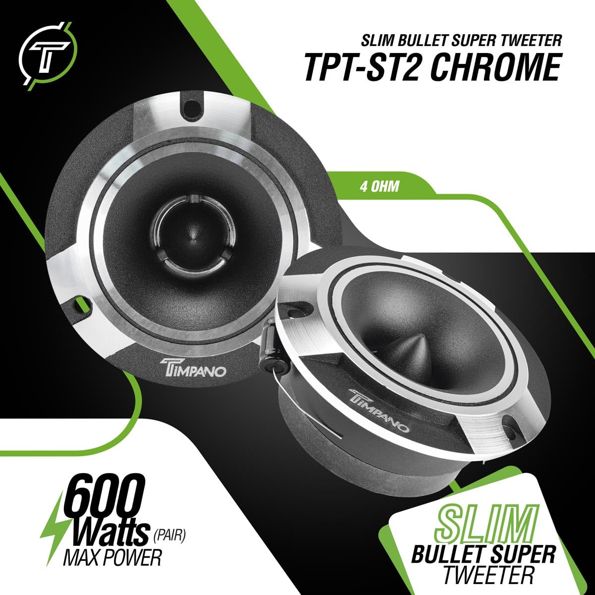 Timpano 1500 Watts Bundle 2X 6.5 TPT-MR6-4 Bullet Midrange Speaker 500 Watts 4 Ohm + 2X Super Tweeters TPT-ST2 Chrome for Car Audio Systems (2 Speakers, 2 tweeters)