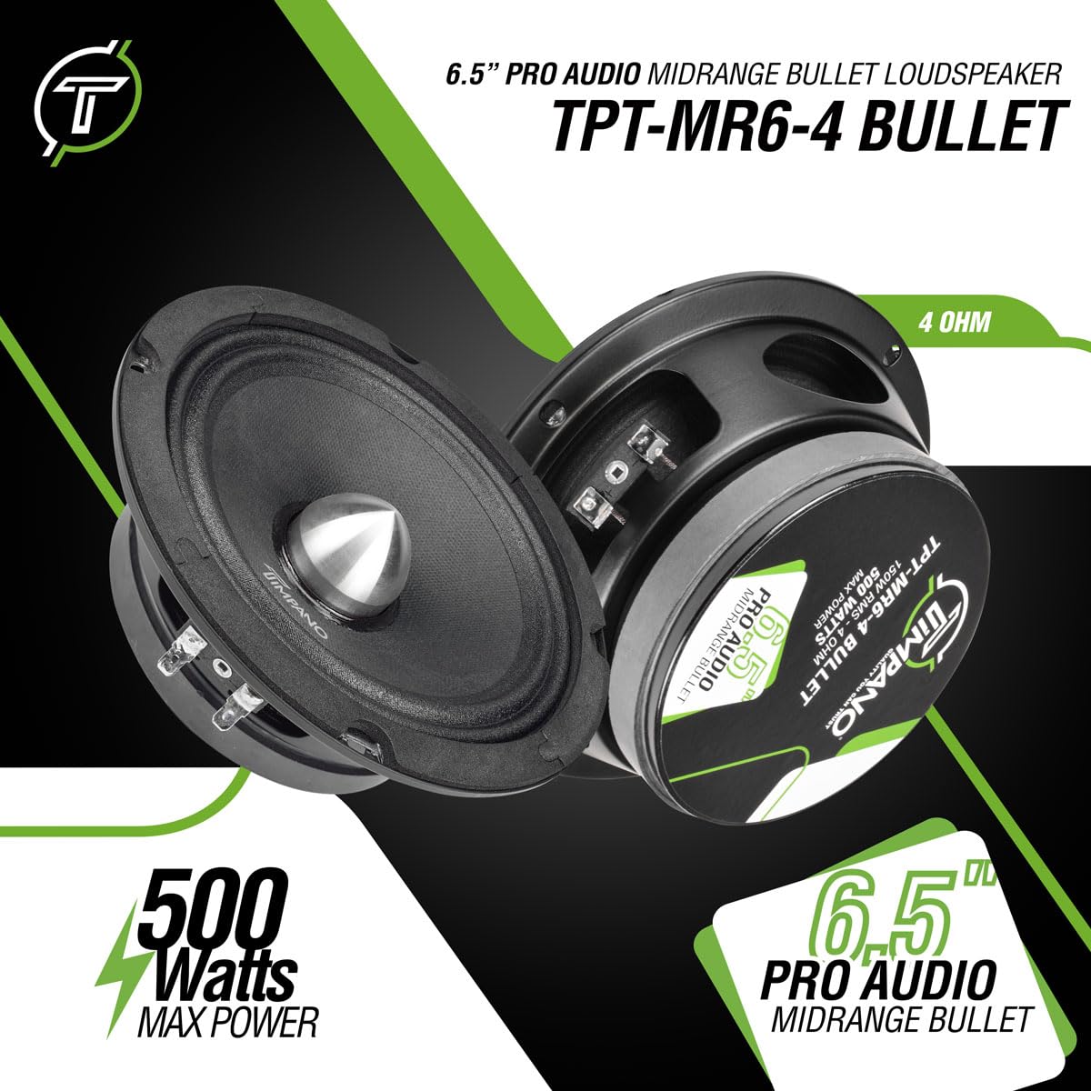 Timpano 1500 Watts Bundle 2X 6.5 TPT-MR6-4 Bullet Midrange Speaker 500 Watts 4 Ohm + 2X Super Tweeters TPT-ST2 Chrome for Car Audio Systems (2 Speakers, 2 tweeters)