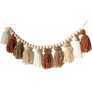 25" boho neutral yarn tassel garland banner with wood beads wall hanging backdrop for girls nursery baby shower birthday classroom home decoration