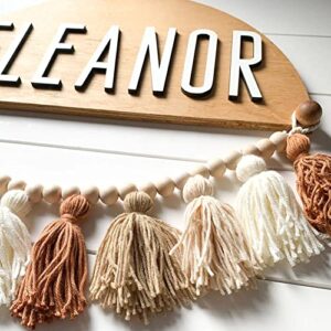 25" Boho Neutral Yarn Tassel Garland Banner with Wood Beads Wall Hanging Backdrop for Girls Nursery Baby Shower Birthday Classroom Home Decoration