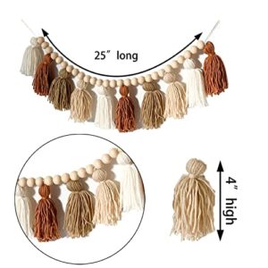 25" Boho Neutral Yarn Tassel Garland Banner with Wood Beads Wall Hanging Backdrop for Girls Nursery Baby Shower Birthday Classroom Home Decoration