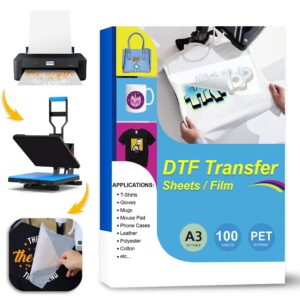 100 sheets a3 dtf transfer film (11.7 x 16.5 inches), clear pet heat transfer paper, cold & hot peel dtf transfer paper for all dtf printers & material (textile, polyester, cotton etc) - by godora…