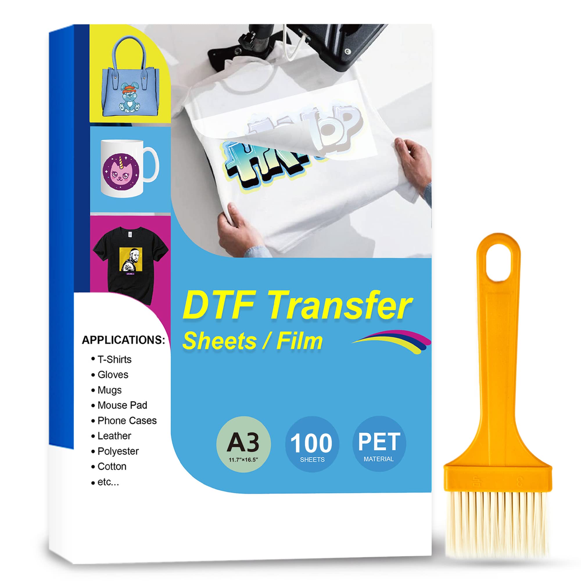 100 Sheets A3 DTF Transfer Film (11.7 x 16.5 Inches), Clear PET Heat Transfer Paper, Cold & Hot Peel DTF Transfer Paper for All DTF Printers & Material (Textile, Polyester, Cotton etc) - by Godora…