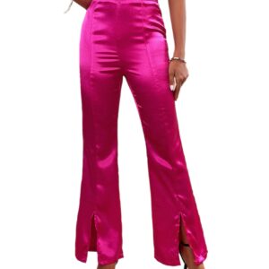 WDIRARA Women's High Rise Wide Leg Split Hem Pants Party Club Solid Pants Hot Pink L