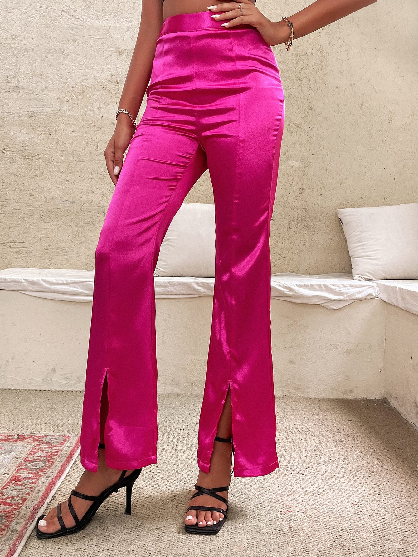 WDIRARA Women's High Rise Wide Leg Split Hem Pants Party Club Solid Pants Hot Pink L