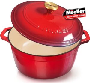 mueller 6 qt enameled cast iron dutch oven, heavy-duty casserole dish and braiser pan with lid and stainless knob, safe for all cooktops