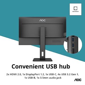 AOC U27P2CA 27" 4K Frameless Monitor, UHD 3840 x 2160, USB-C Docking, Height Adjustable Stand,Black