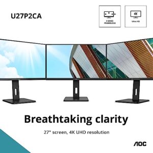 AOC U27P2CA 27" 4K Frameless Monitor, UHD 3840 x 2160, USB-C Docking, Height Adjustable Stand,Black