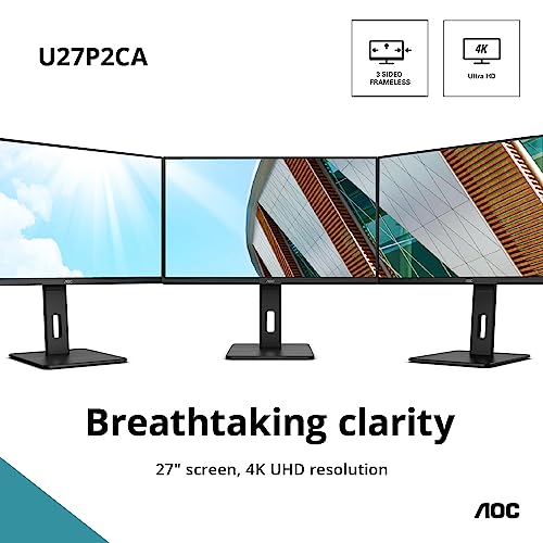 AOC U27P2CA 27" 4K Frameless Monitor, UHD 3840 x 2160, USB-C Docking, Height Adjustable Stand,Black