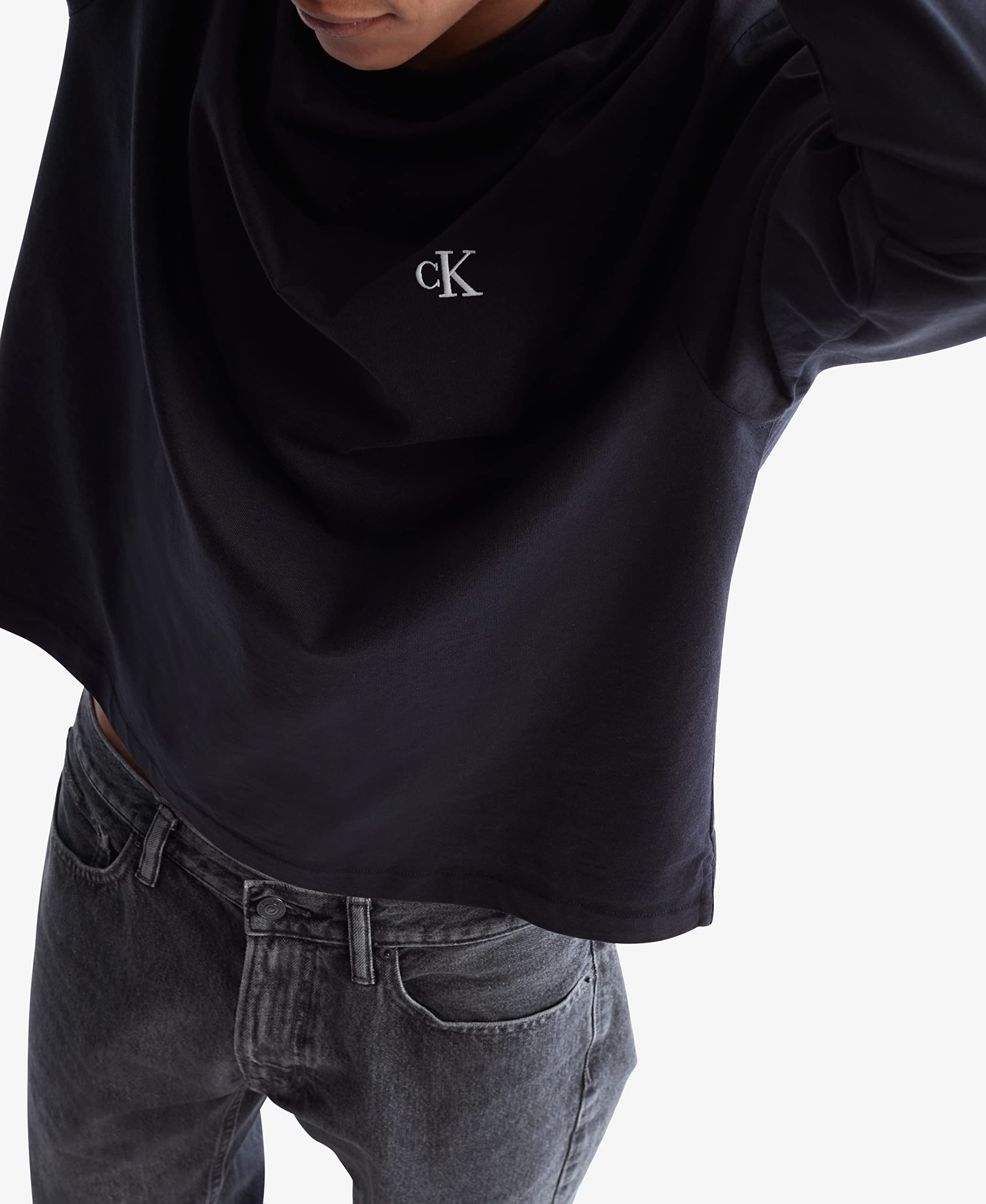 Calvin Klein Men's Relaxed Fit Archive Logo Crewneck Long Sleeve Tee, Black Beauty, Medium