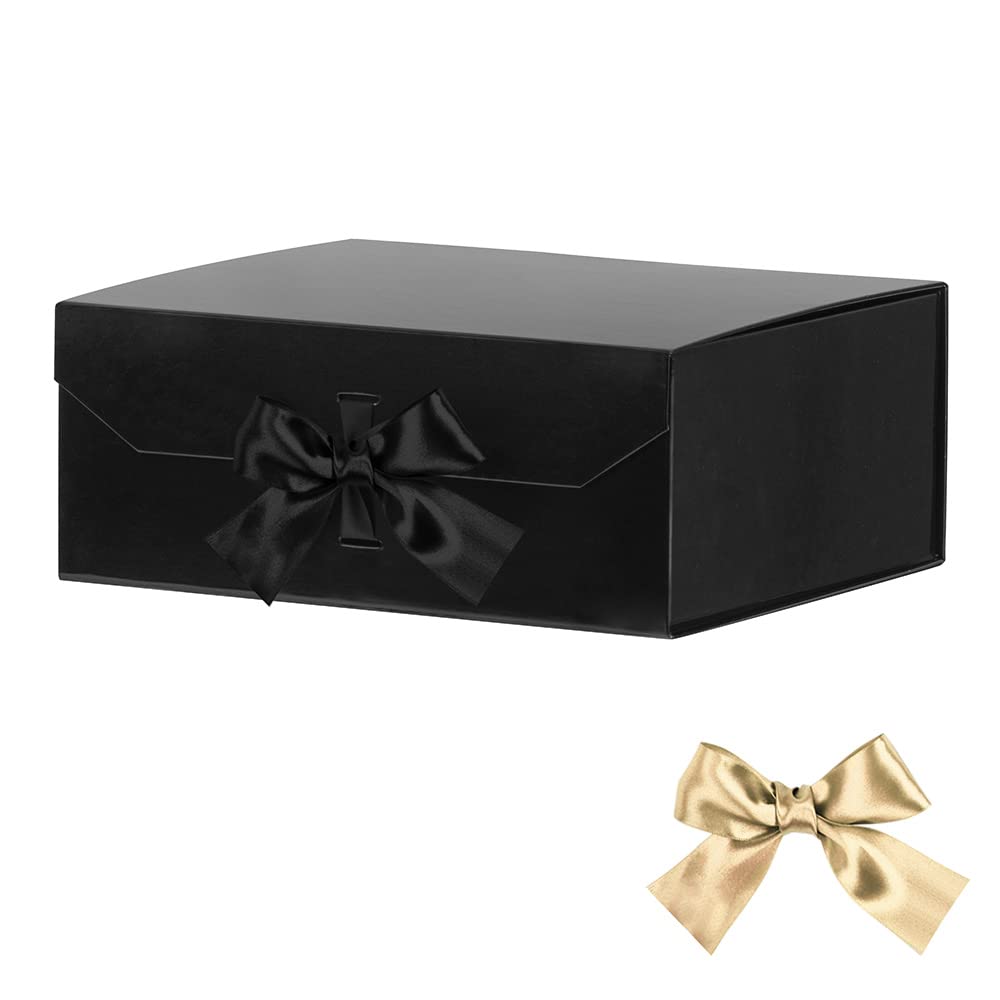 Black Large Gift Box 13x11x5.3 Inches, Gift Box with Ribbon, Gift Wrap Box with Lid Magnetic Closure, Christmas Gift Box, Rectangle Collapsible Gift Boxes for Men Shoes (Glossy Black)