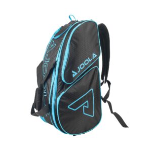 joola tour elite pickleball bag – backpack & duffle bag for paddles & pickleball accessories – thermal insulated pockets hold 4+ paddles - includes fence hook black/light blue