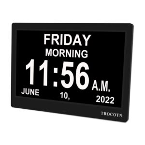 trocotn 10 inches calendar clock dementia clock large display alarm clock with auto dst for seniors, 5 display modes large font digital clock with custom alarms day date clock wall clock(black)