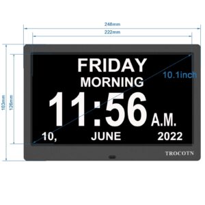 TROCOTN 10 Inches Calendar Clock Dementia Clock Large Display Alarm Clock with Auto DST for Seniors, 5 Display Modes Large Font Digital Clock with Custom Alarms Day Date Clock Wall Clock(Black)