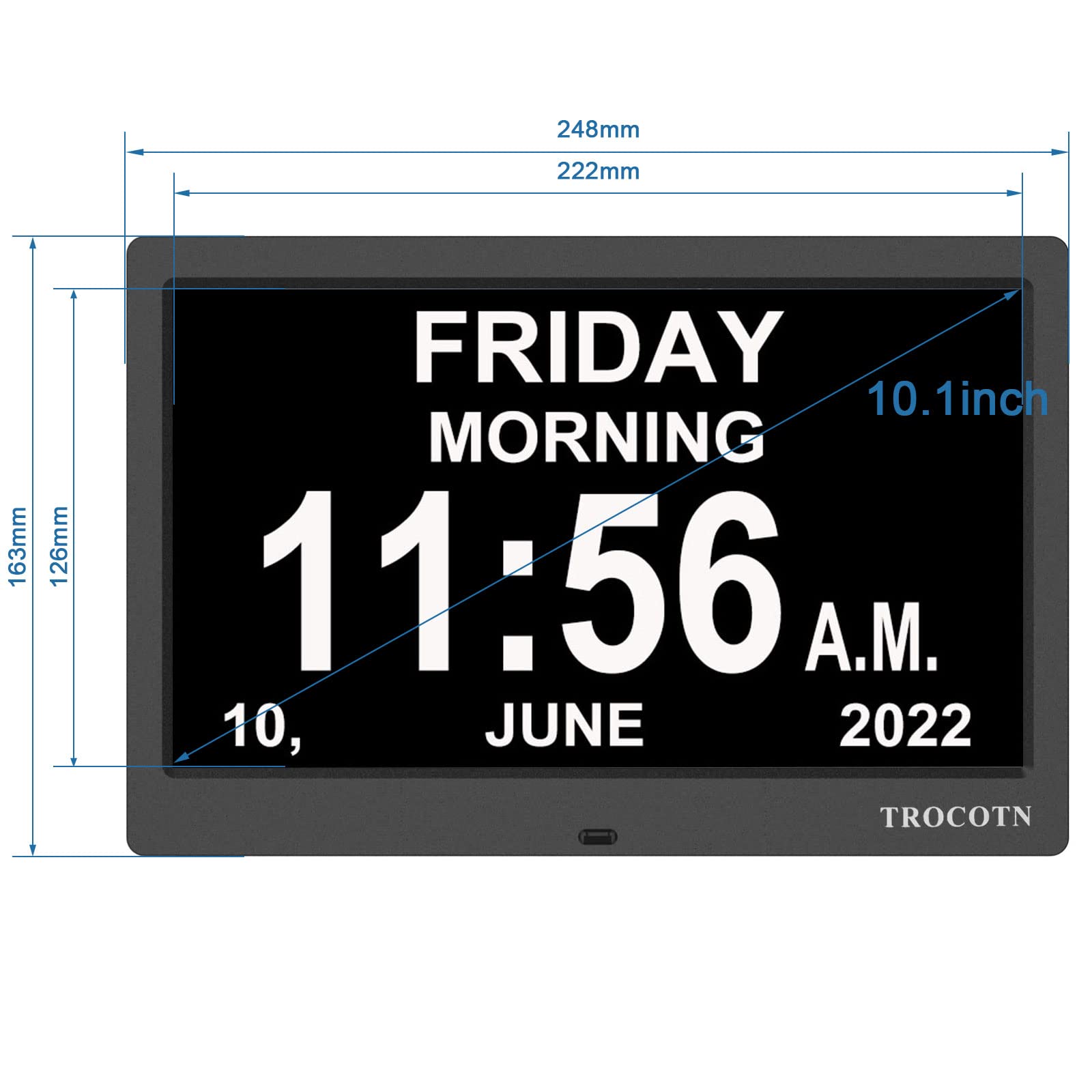 TROCOTN 10 Inches Calendar Clock Dementia Clock Large Display Alarm Clock with Auto DST for Seniors, 5 Display Modes Large Font Digital Clock with Custom Alarms Day Date Clock Wall Clock(Black)