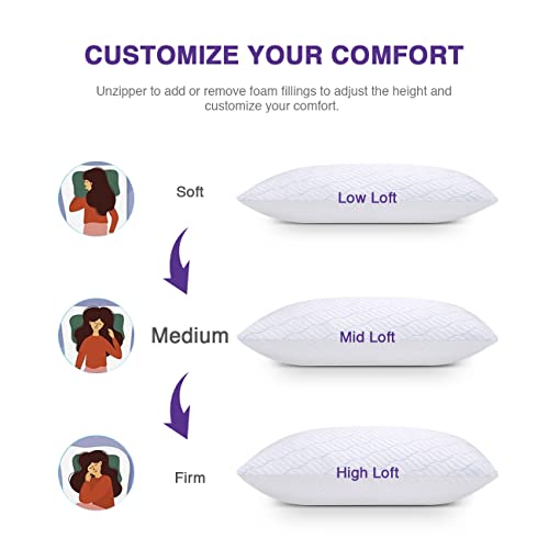 WISHSMILE Cooling Pillows Queen Size Set of 2, Memory Foam Pillows with Zipper, Adjustable Firmness for Sleeping Cool Cold Pillow to Hot, Side, Back and Stomach Sleepers, 2 Pack, 20x30